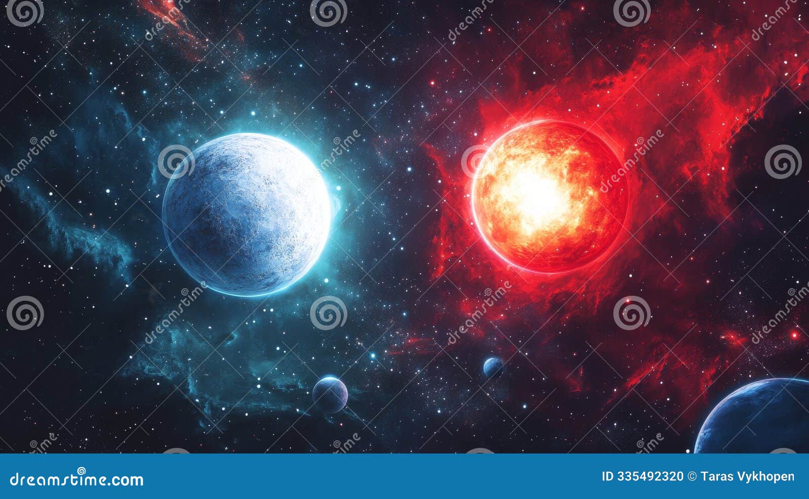 A Vivid Binary Star System with Red and White Suns and Vibrant Planets ...