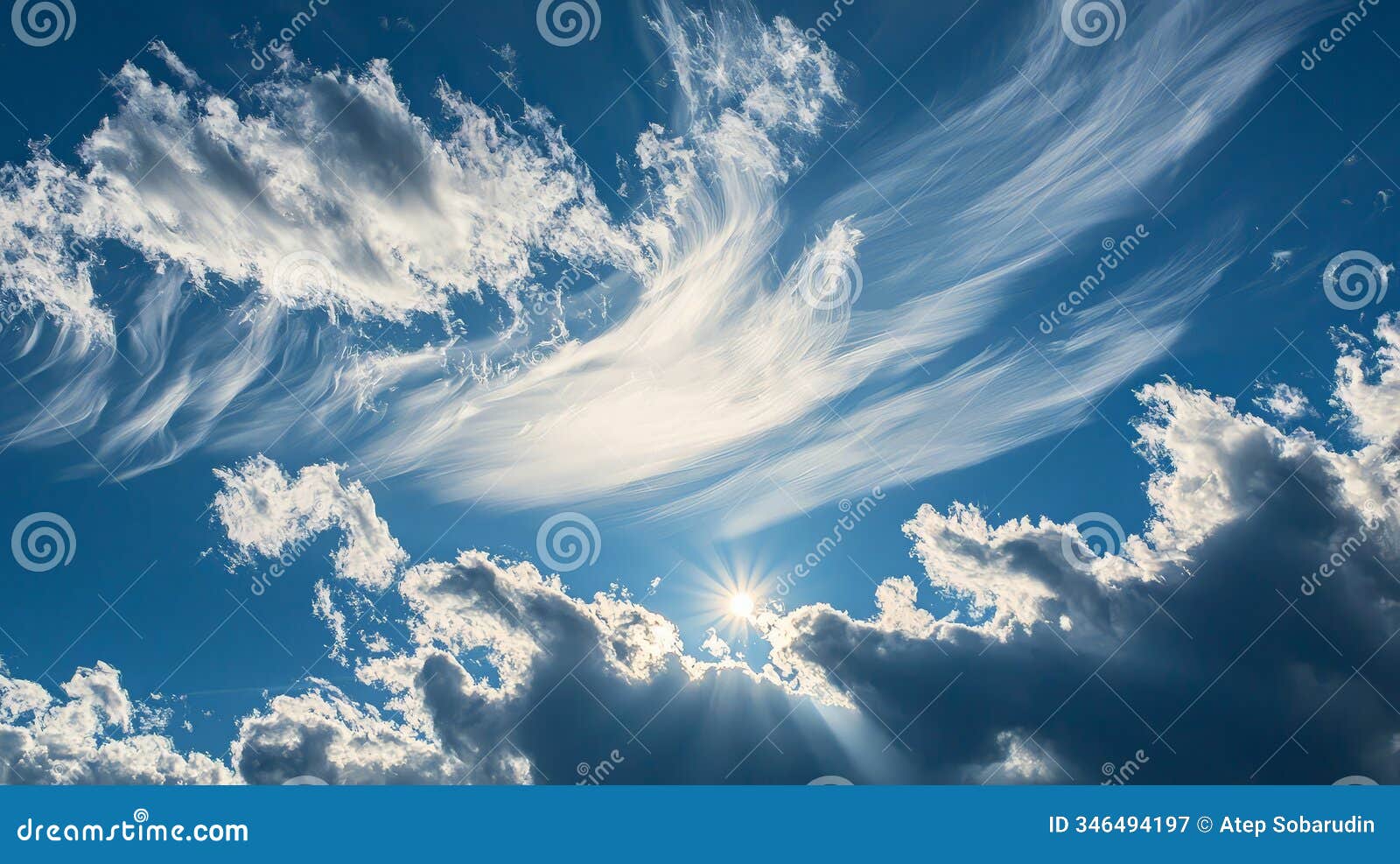 Vivid Blue Sky with Dynamic White and Gray Clouds, Sun Rays Stock Image ...