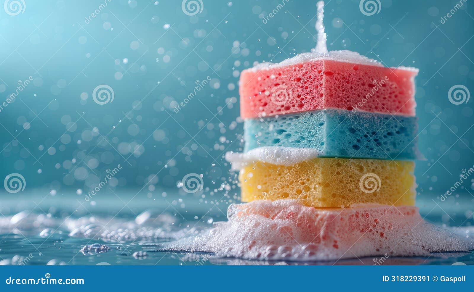 Vivid Cleaning Sponge Tower with Cascading Soap on Bright Backdrop ...