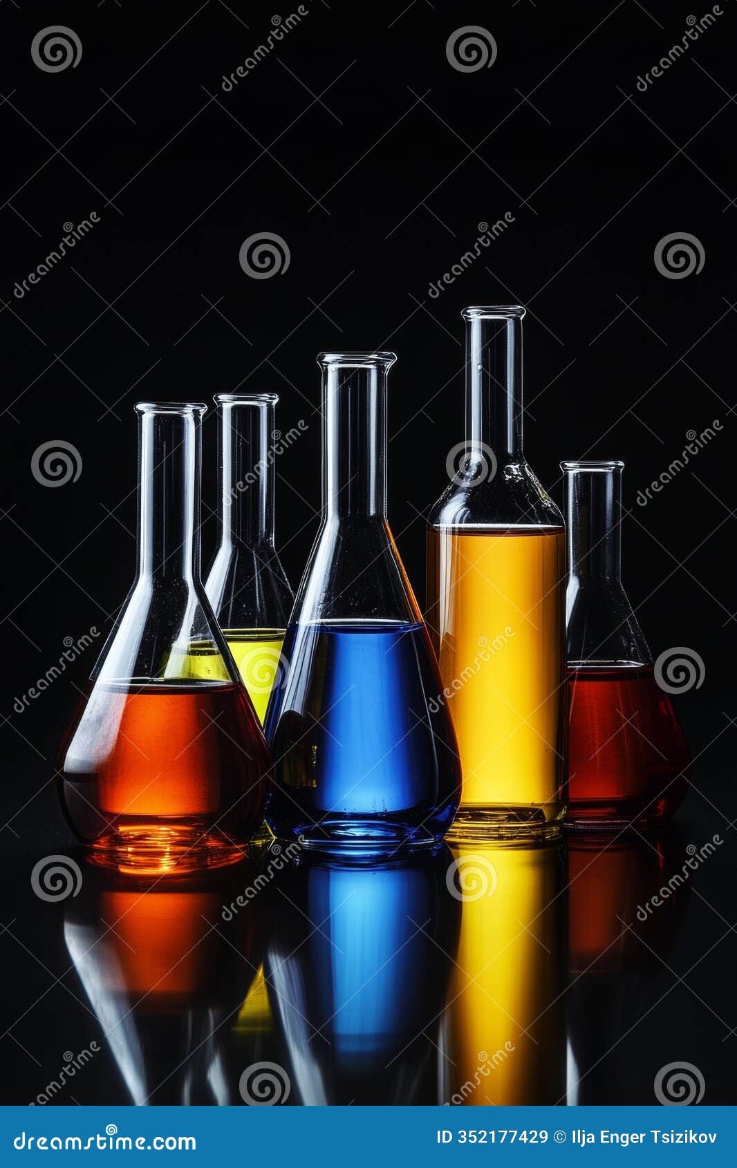 Vivid Colored Chemistry Solutions in an Array of Glass Flasks on a ...