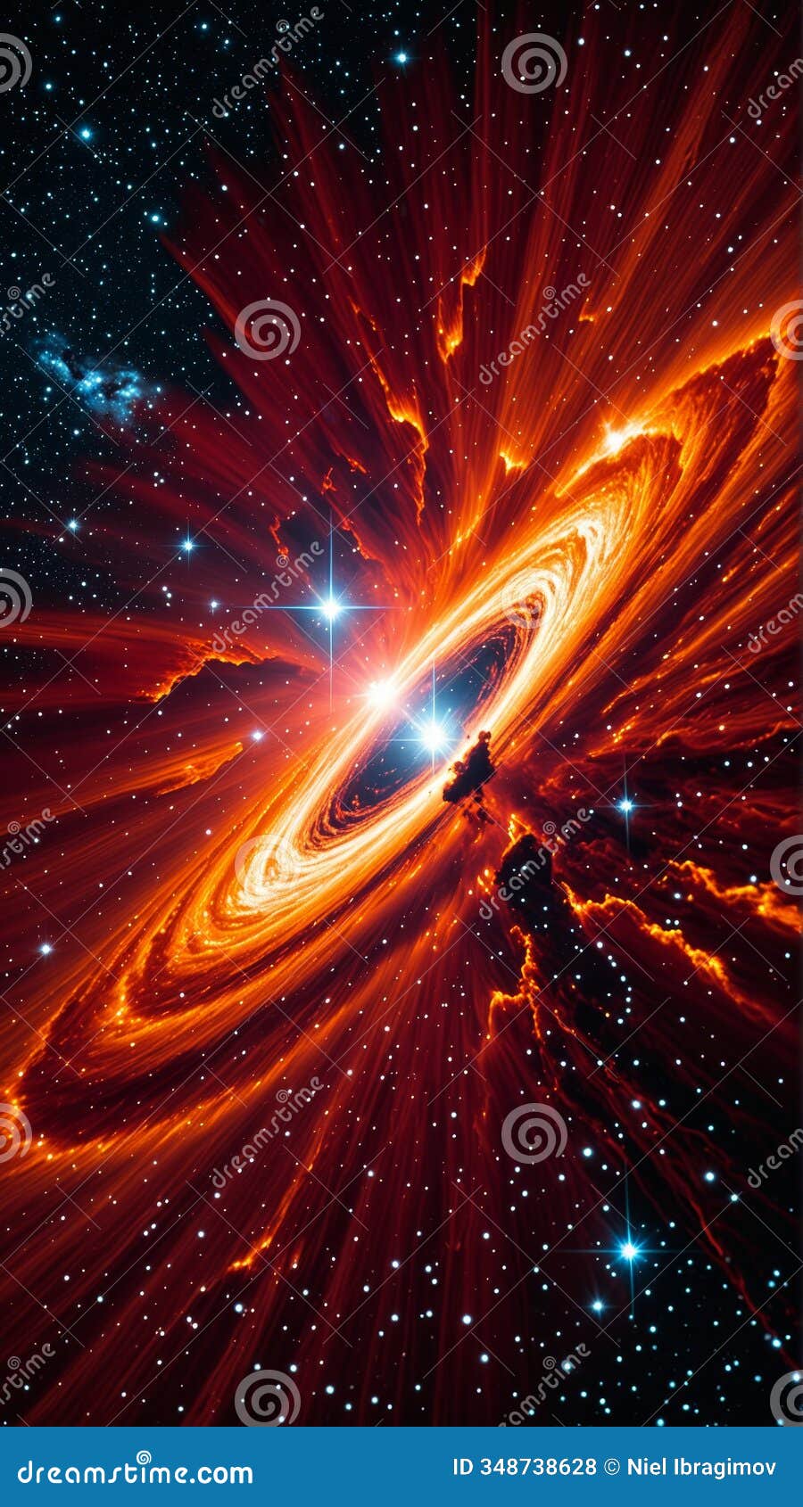 Vivid Cosmic Spiral: Striking Red and Orange Interstellar Vortex in Deep Space Stock Photo ...