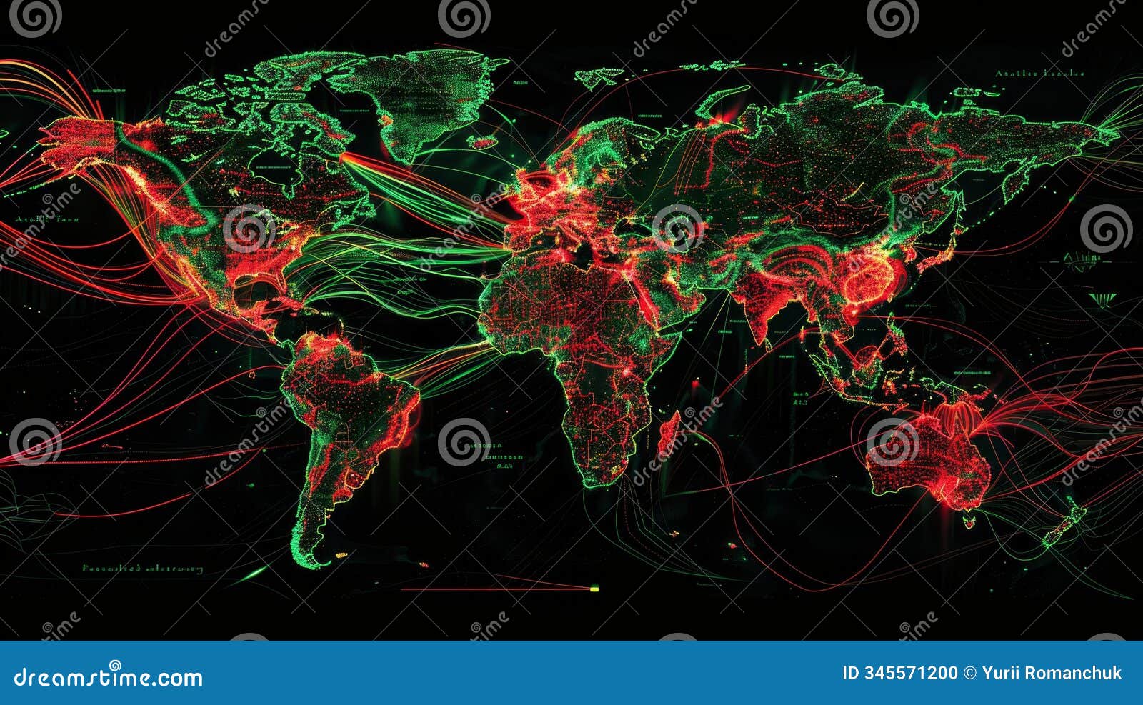 Vivid Cyber Attack World Map Intricate Patterns in Neon Green and Red ...