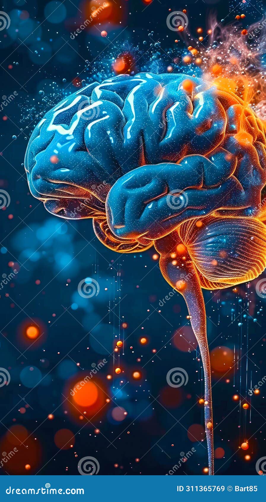 Vivid 3D Illustration of a Human Brain with Dynamic Blue and Orange ...
