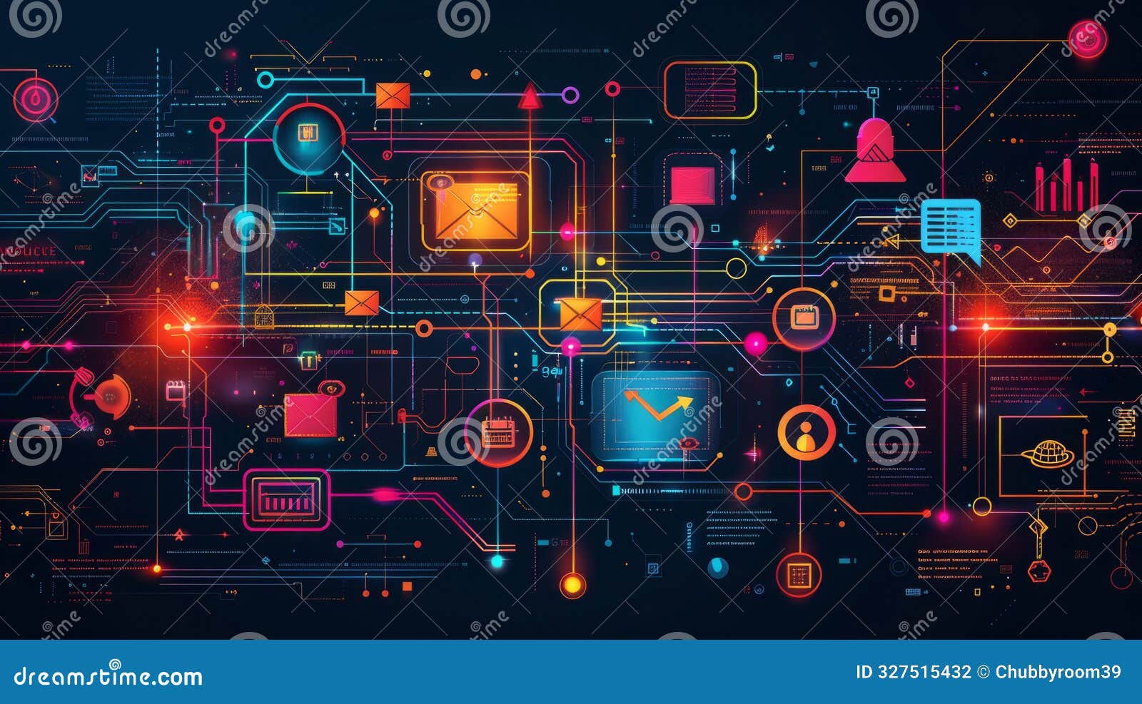 Vivid Digital Backdrop Illustrating a High-tech Network with Various ...