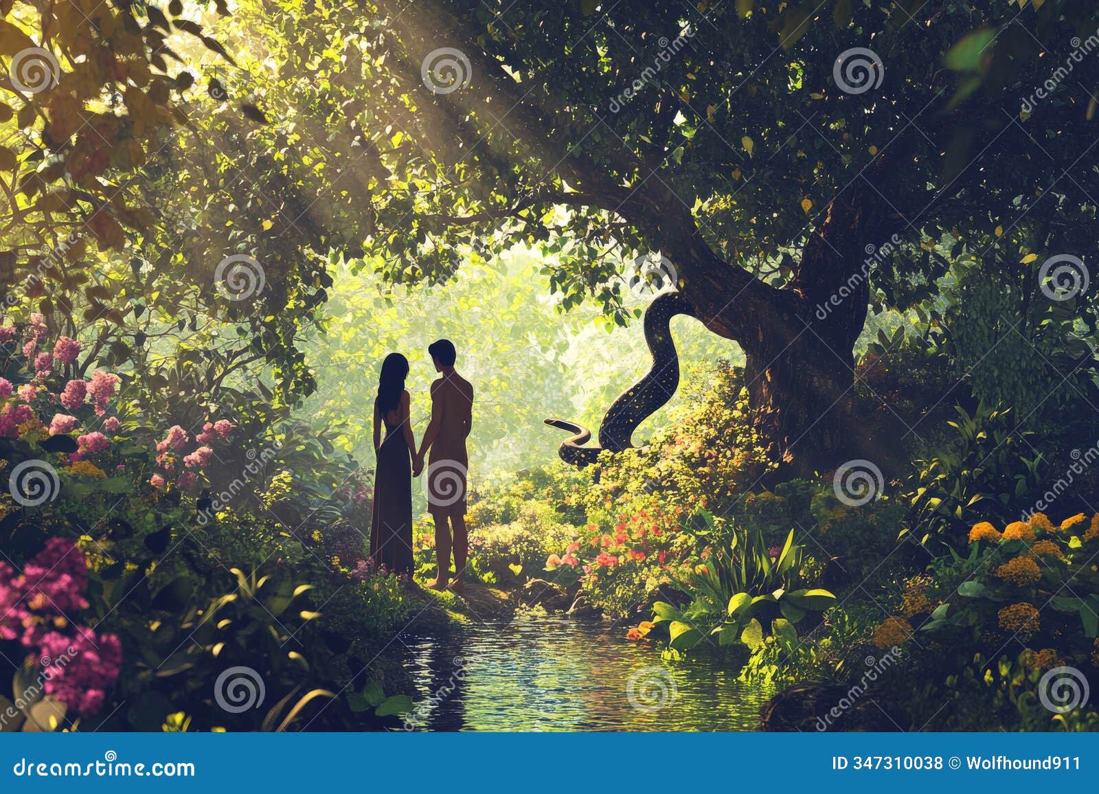 A Vivid Digital Illustration of Adam and Eve in the Lush Garden of Eden ...