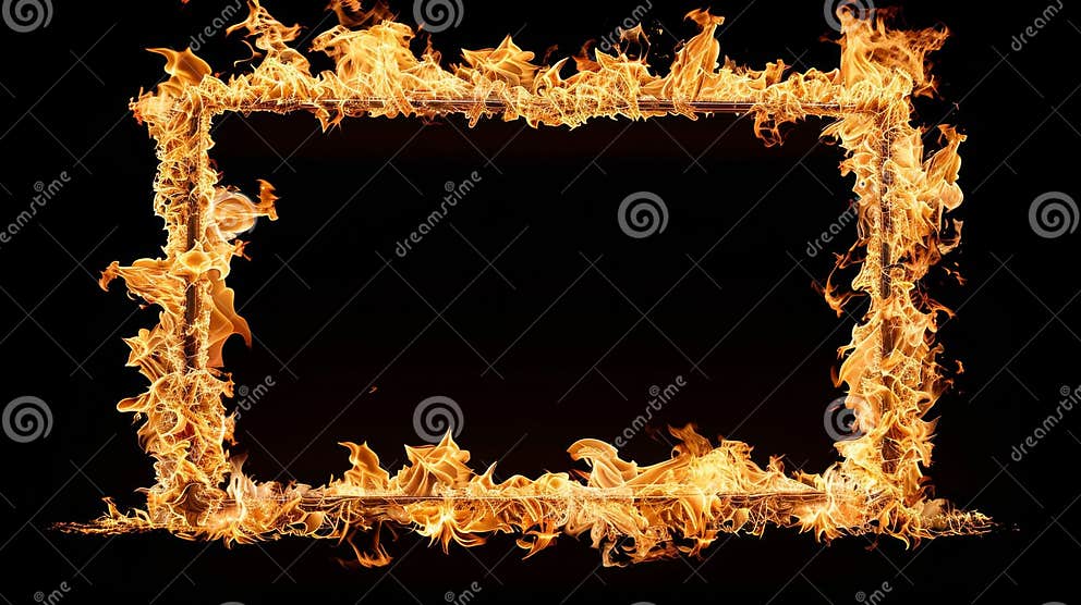 Vivid Display Rectangular Frame of Burning Flames on Black Background ...