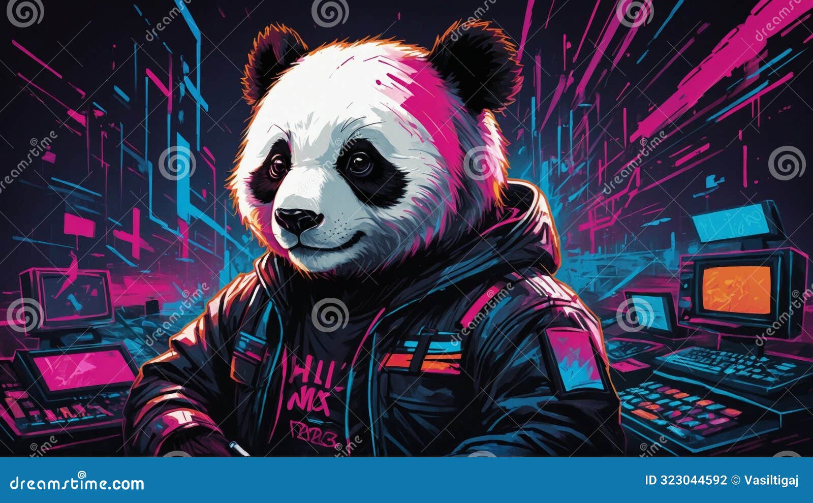 Cyberpunk Panda Hacker stock illustration. Illustration of neon - 323044592