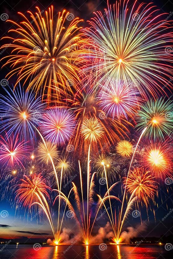 Vivid Fireworks Exploding in Night Sky from Below Stock Illustration ...