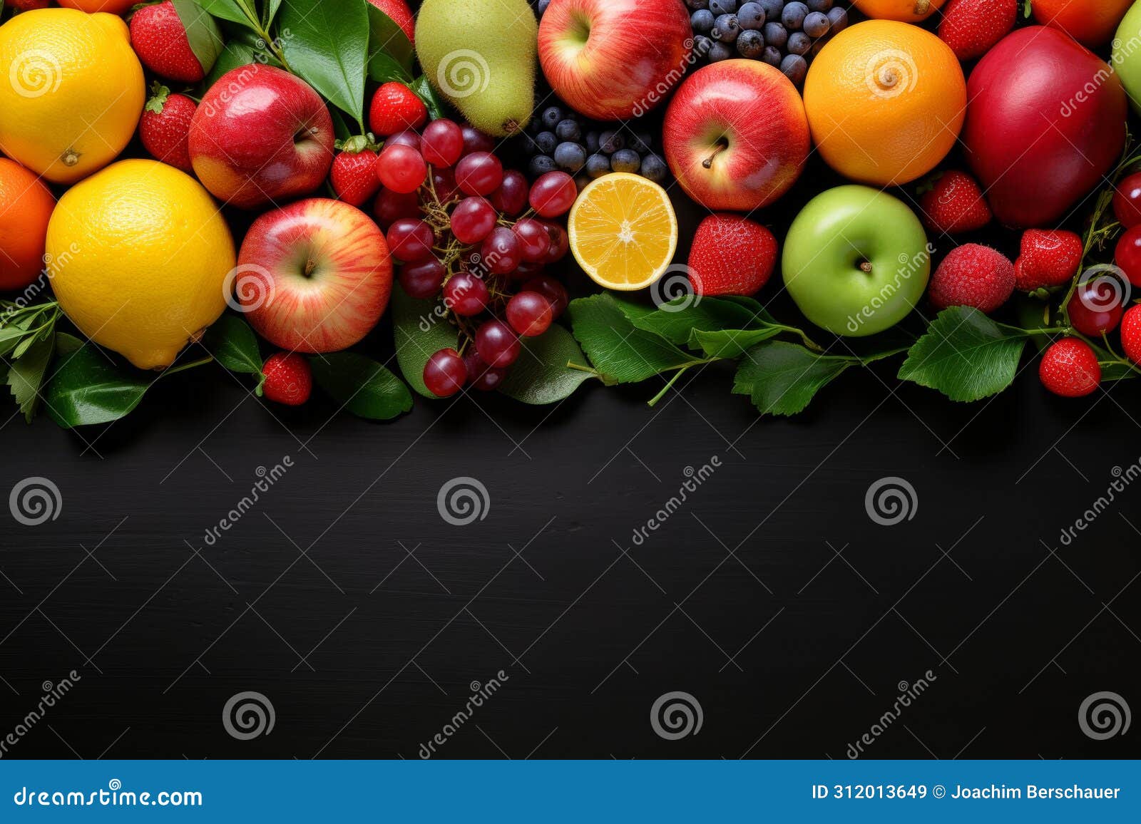 Vivid Fruit Display on Dark Glossy Surface, Top View with Text Space ...