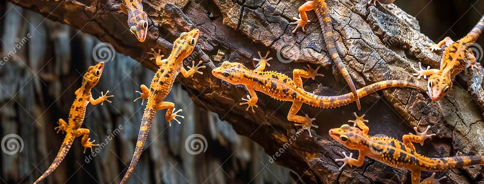 Vivid geckos on tree bark stock image. Image of texture - 312496233