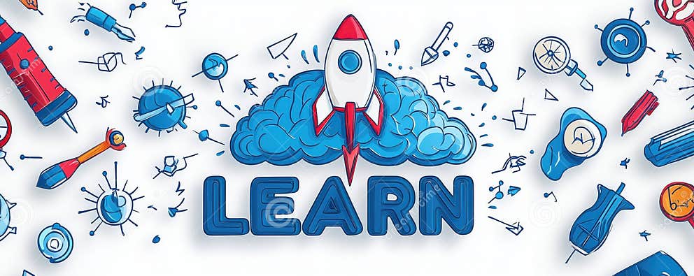 Creative Learning Concept with a Rocket and Educational Symbols Stock ...