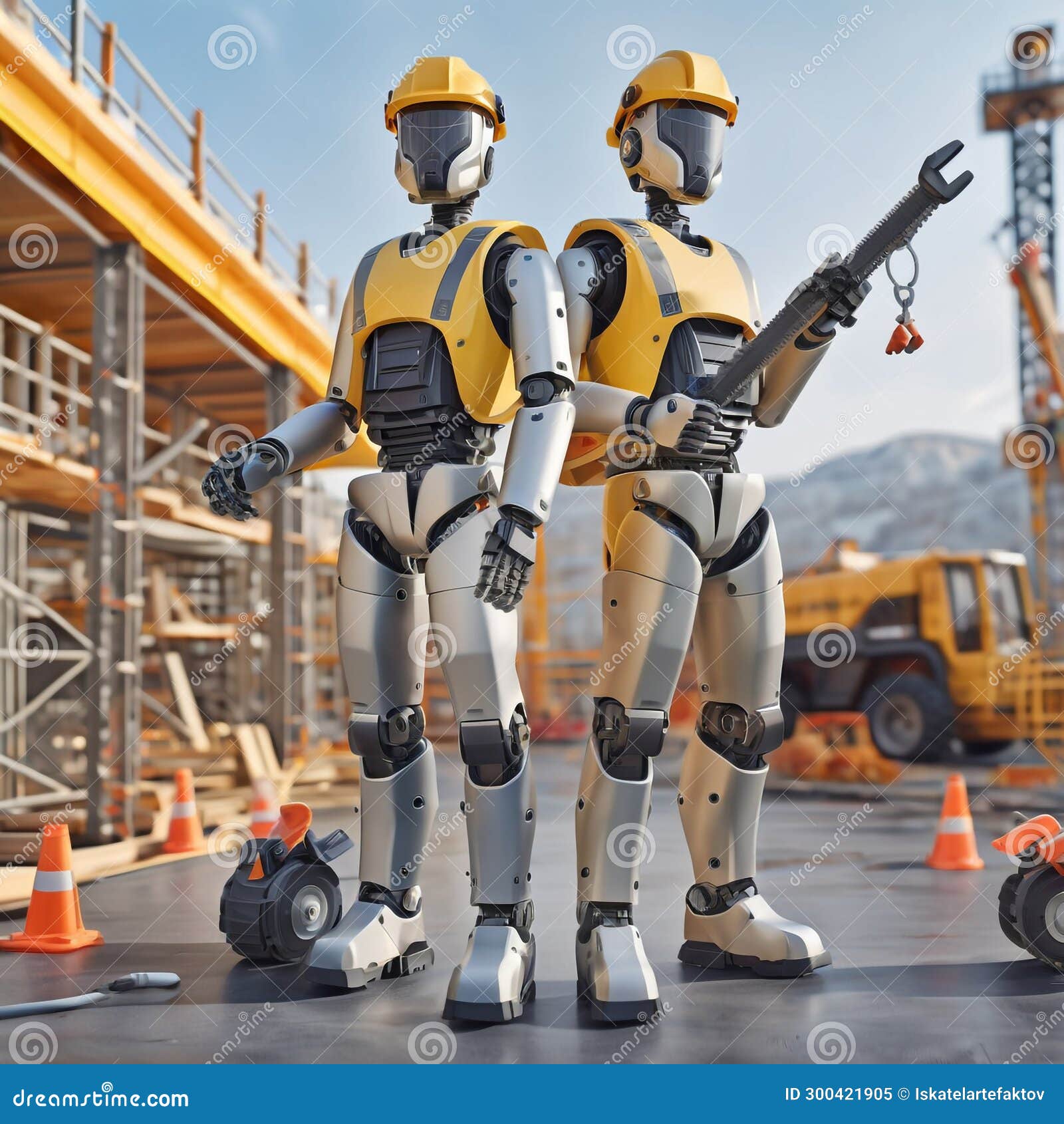 Robot Builders Work on a Construction Site with Tools. Made with AI ...