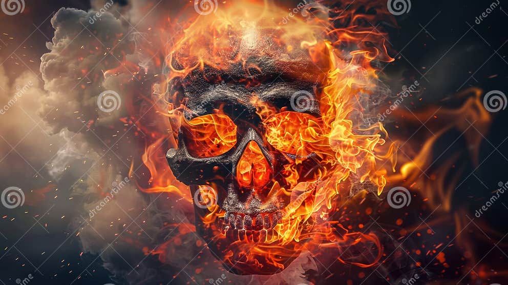 Flaming Skull Engulfed in Fiery Flames on Dark Background Stock ...