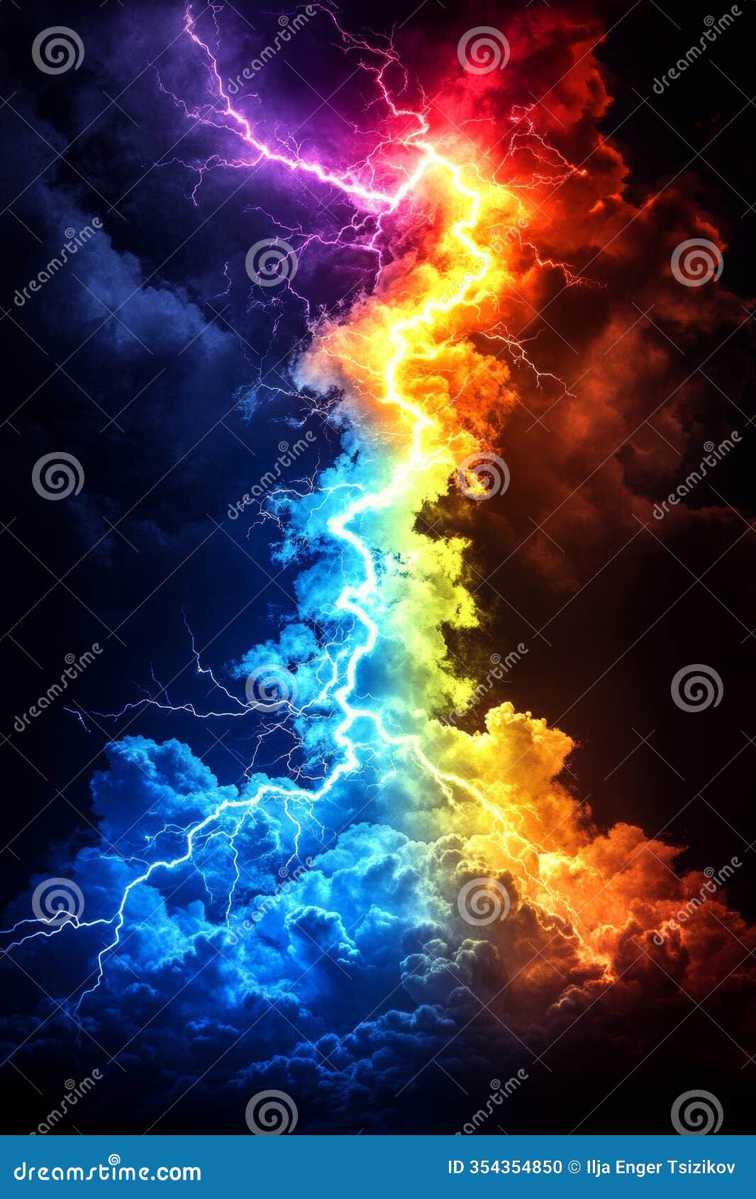 Rainbow Lightning Storm With A Black Background. AI-Generated. Stock ...