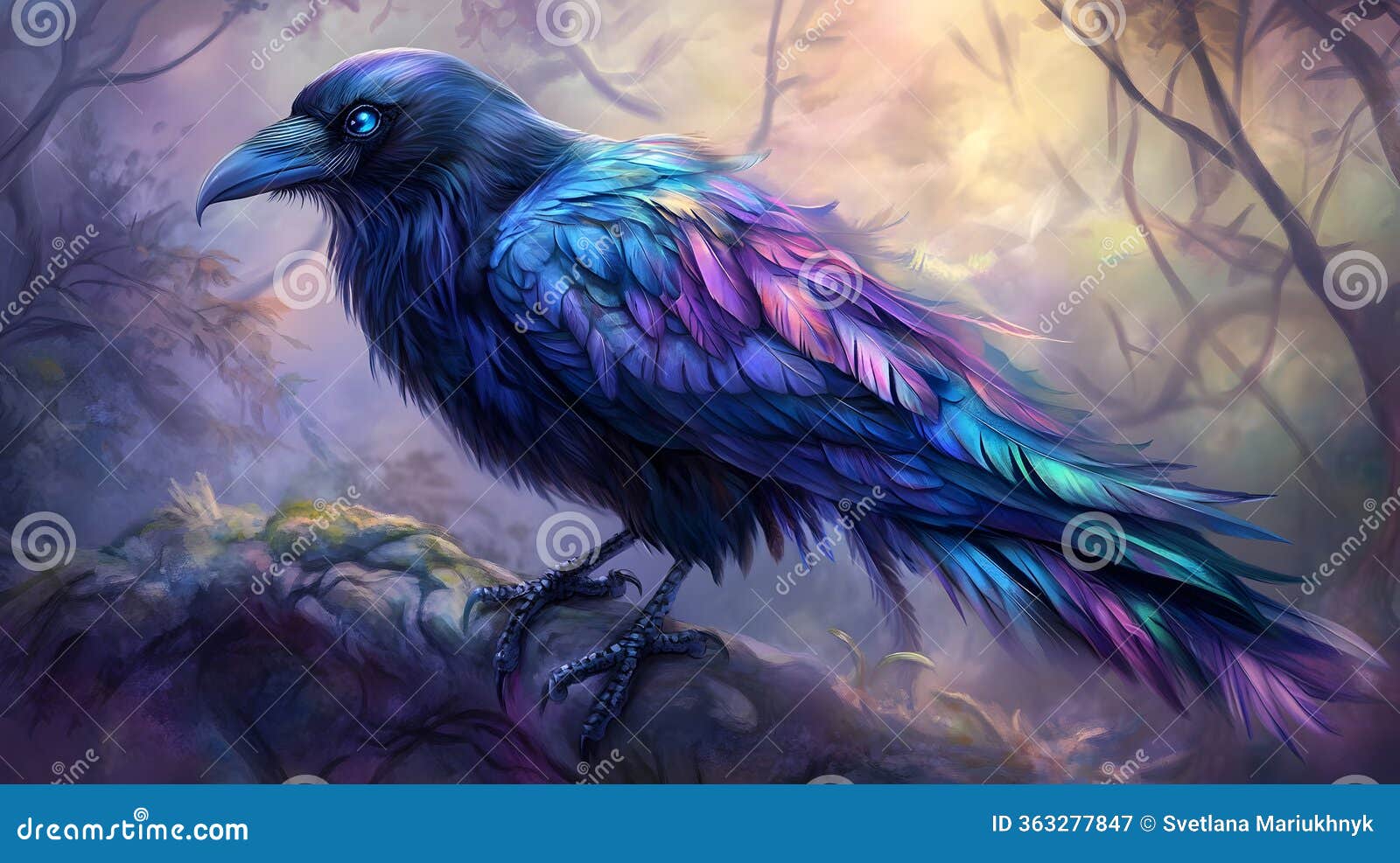 Vivid Raven with Iridescent Plumage in Enchanted Forest Setting Stock ...