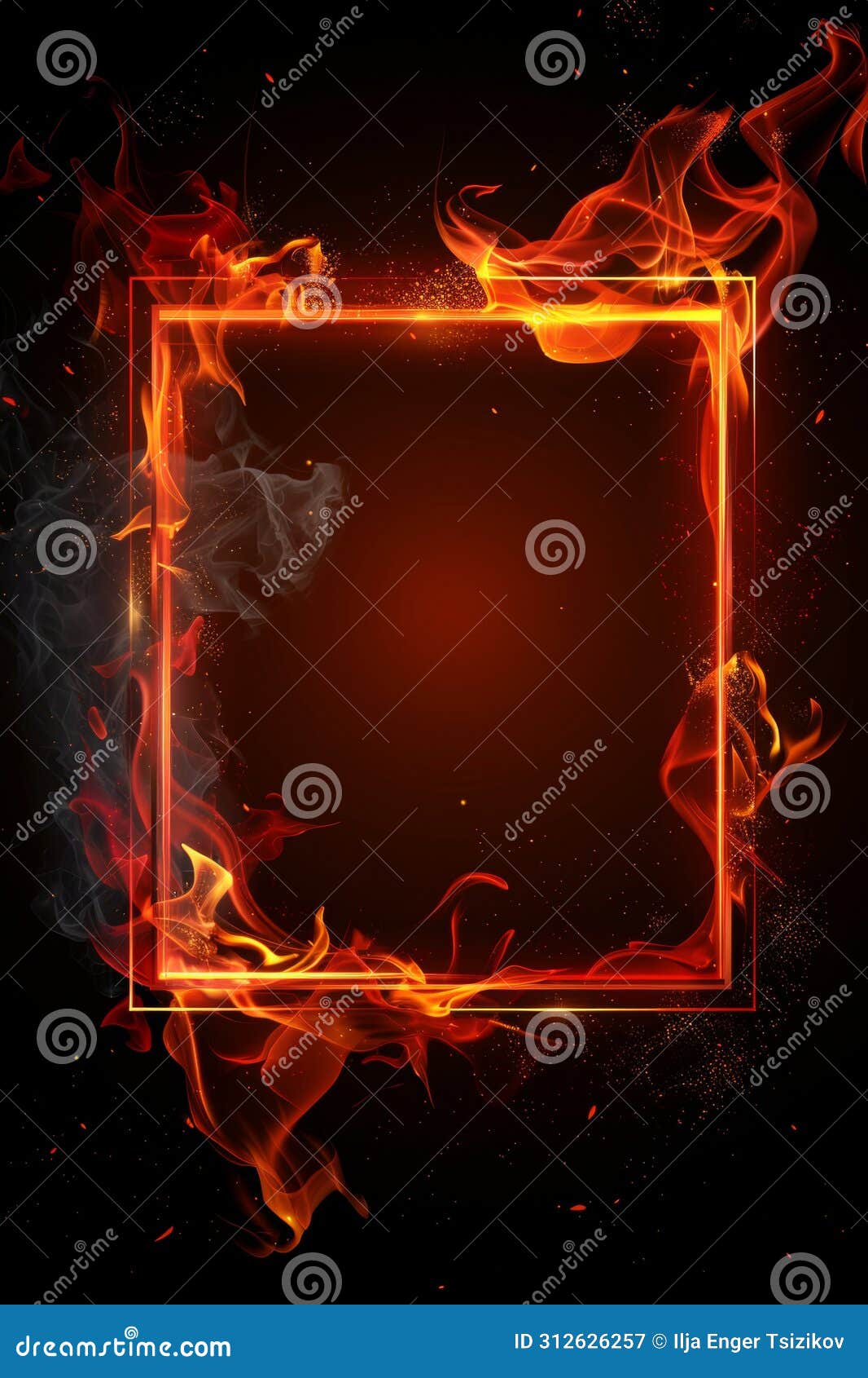 Vivid Rectangular Frame of Blazing Flames on Dark Background, Isolated ...