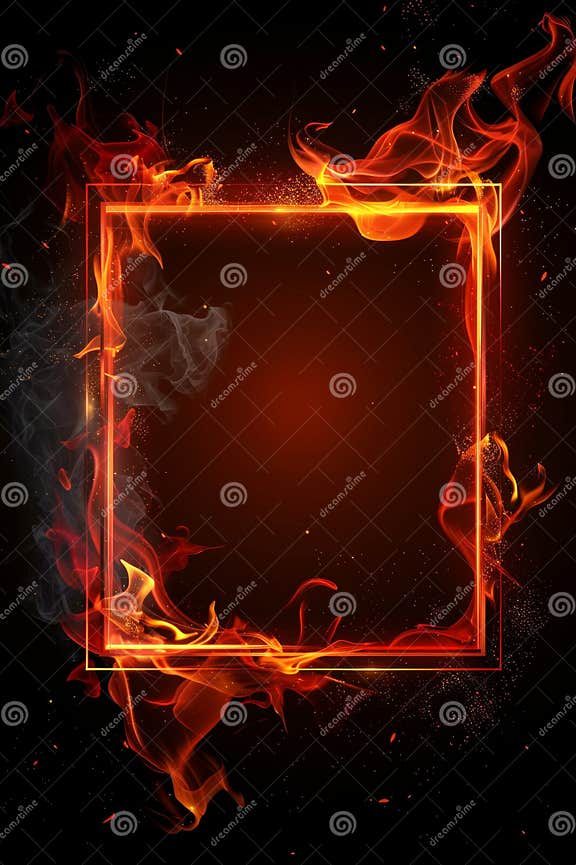Vivid Rectangular Frame of Blazing Flames on Dark Background, Isolated ...