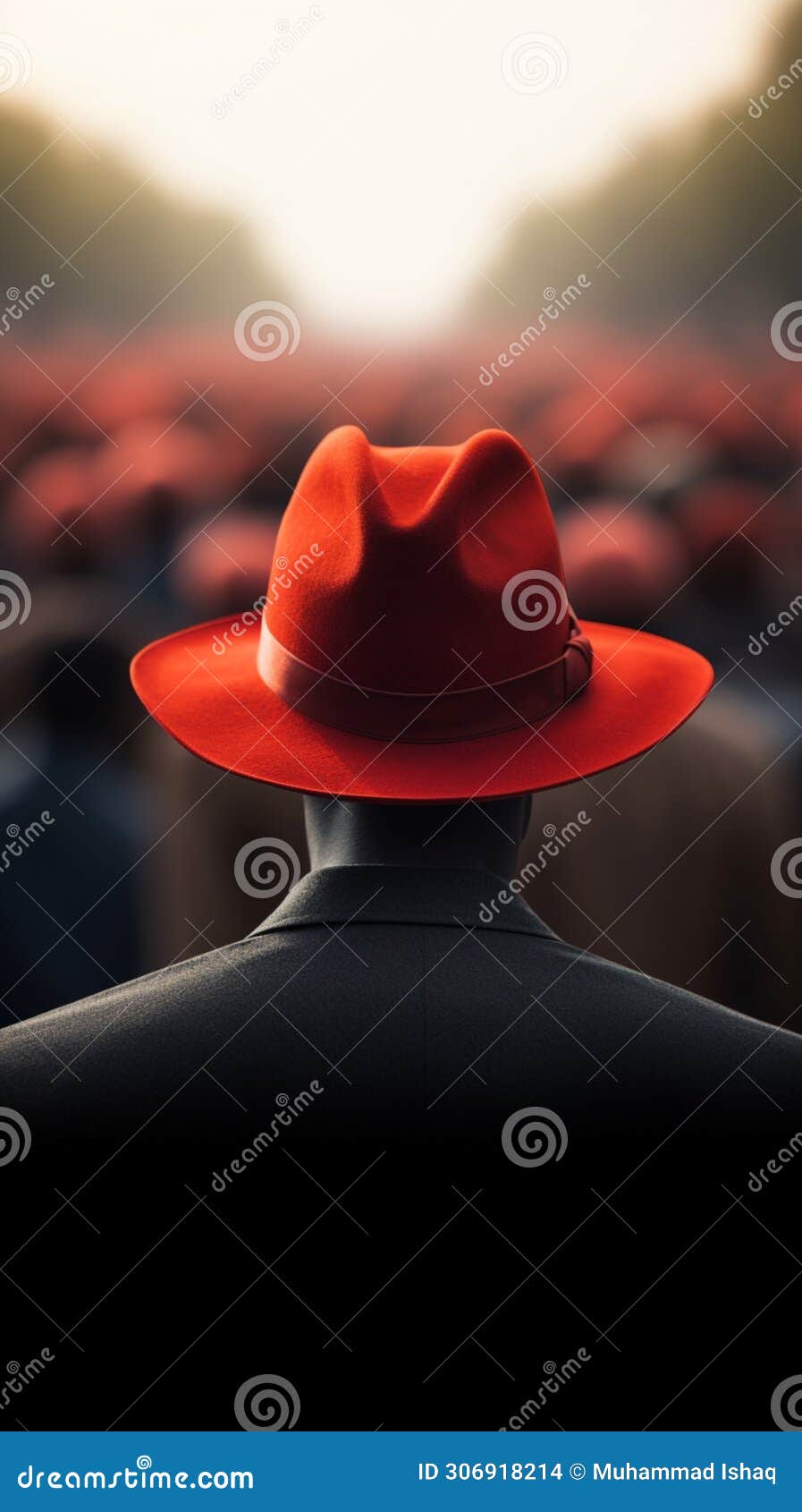 Vivid Red Hat Commands Attention Amid Hazy Crowd Backdrop Stock ...