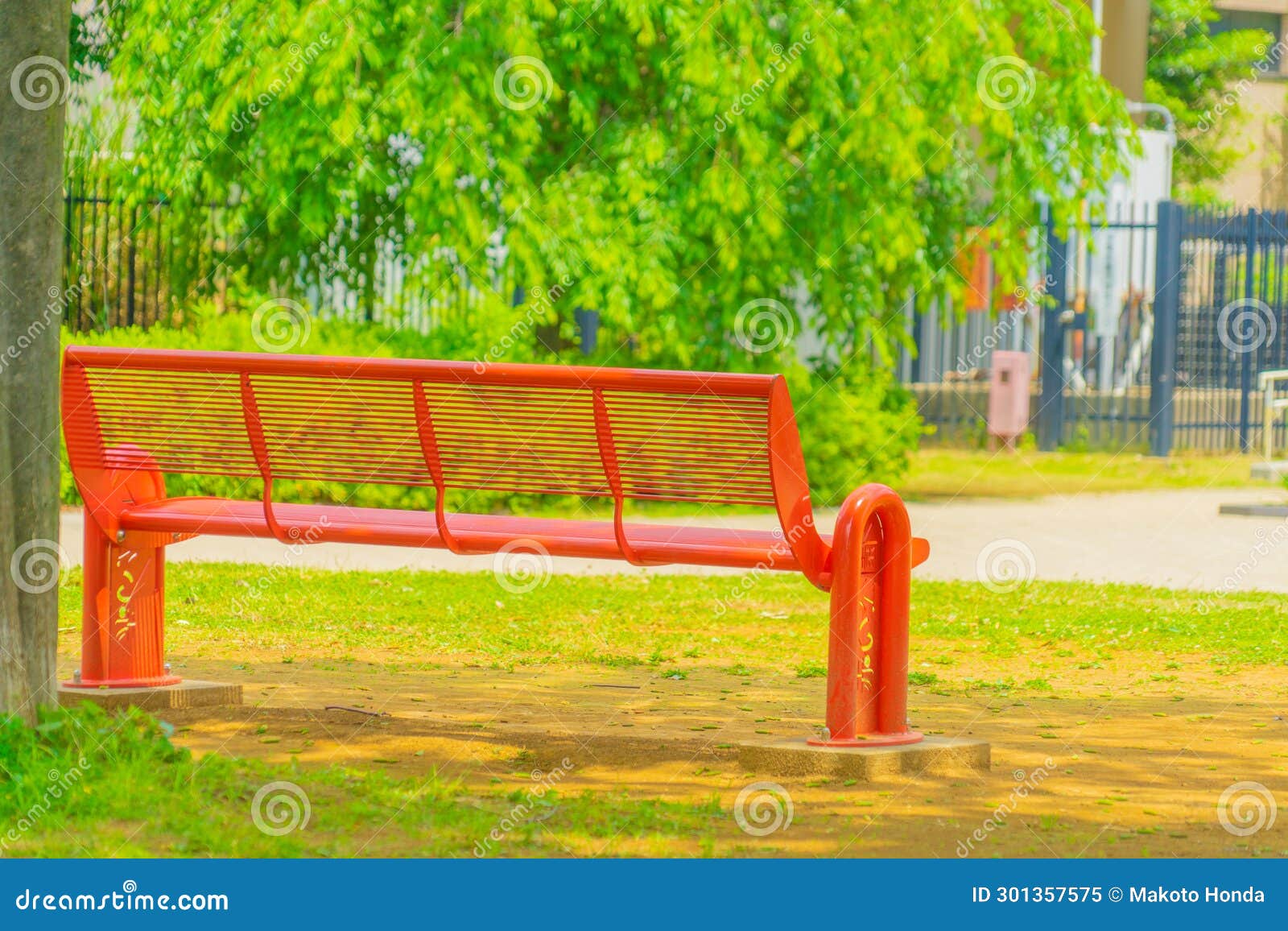 Vivid red park bench stock image. Image of japan, wood - 301357575