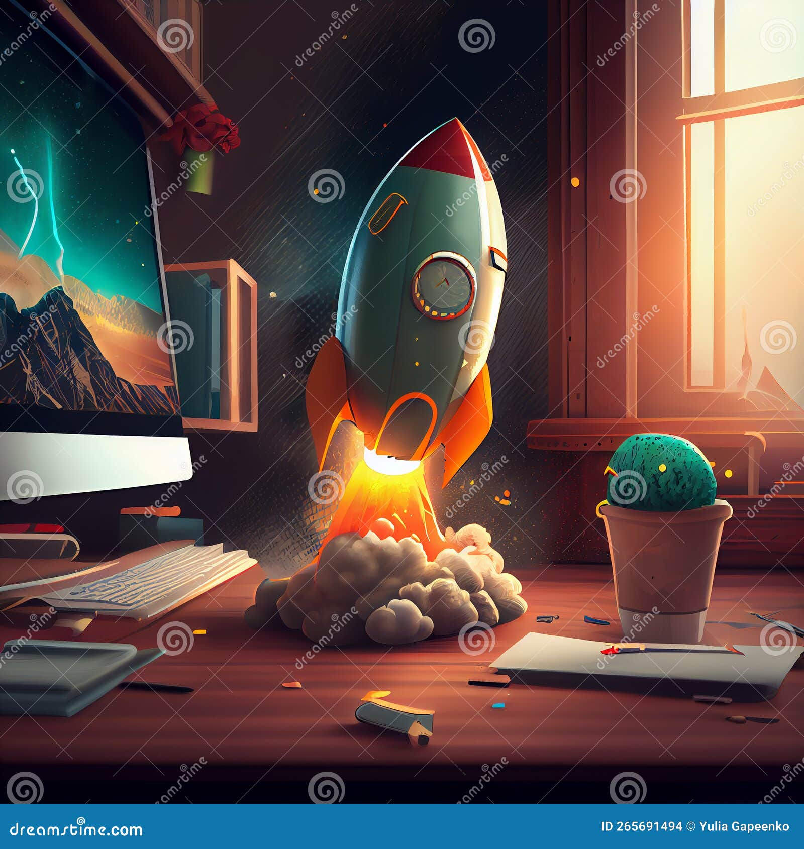 Vivid Rocket Starting Fly from a Desk. Illustration. Generative AI ...