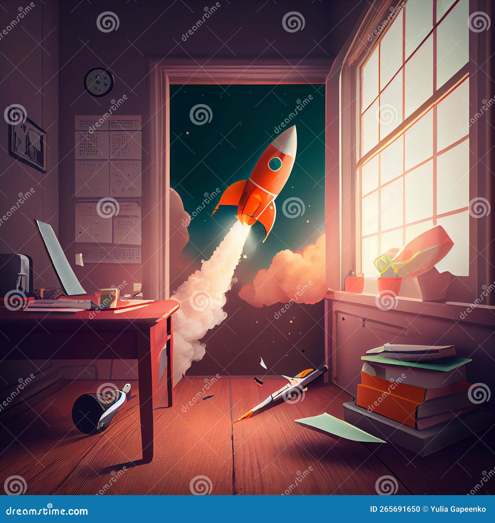 Vivid Rocket Starting Fly from a Desk. Illustration. Generative AI ...