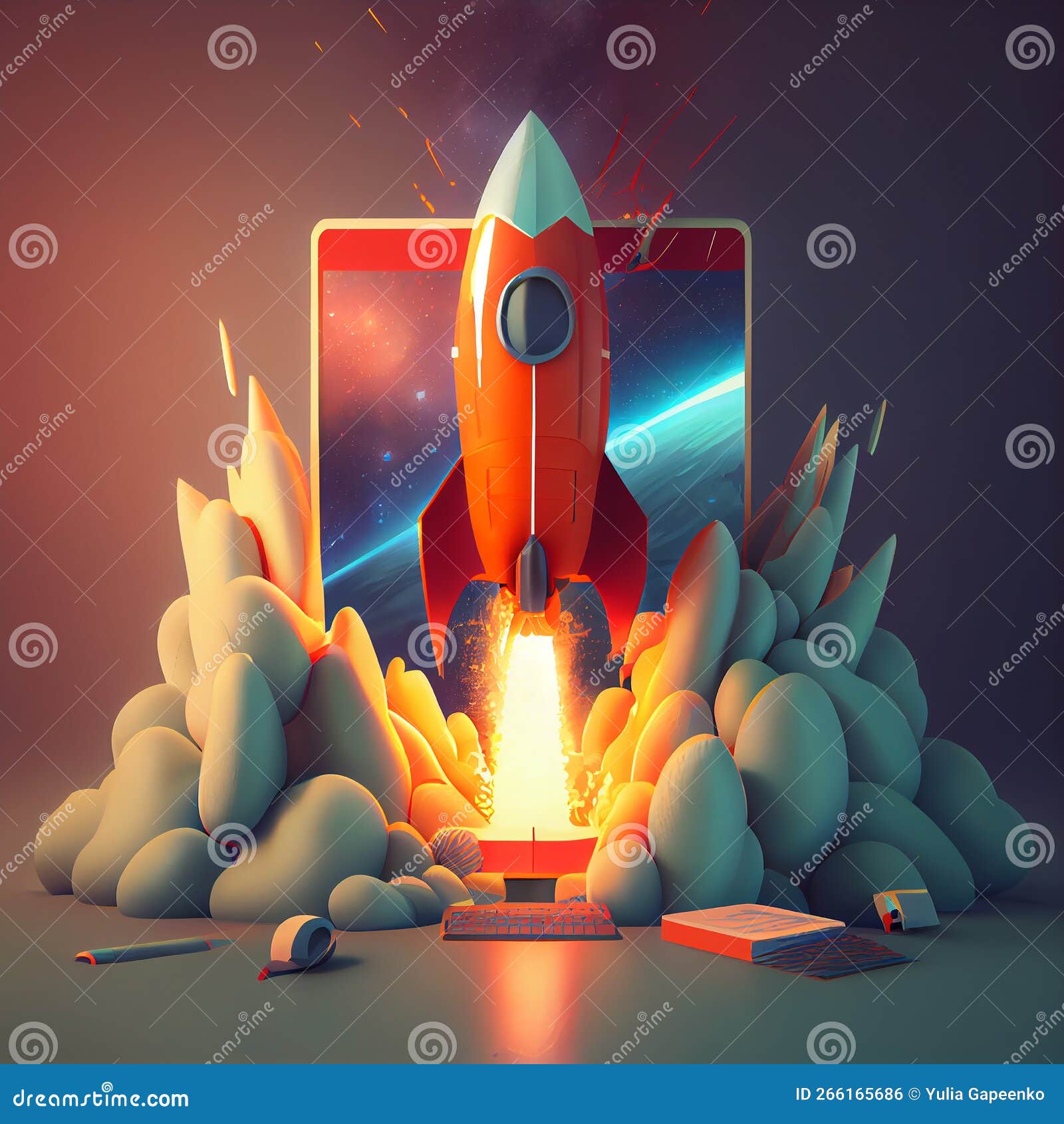 Vivid Rocket Starting Fly from a Desk. Illustration. Generative AI ...
