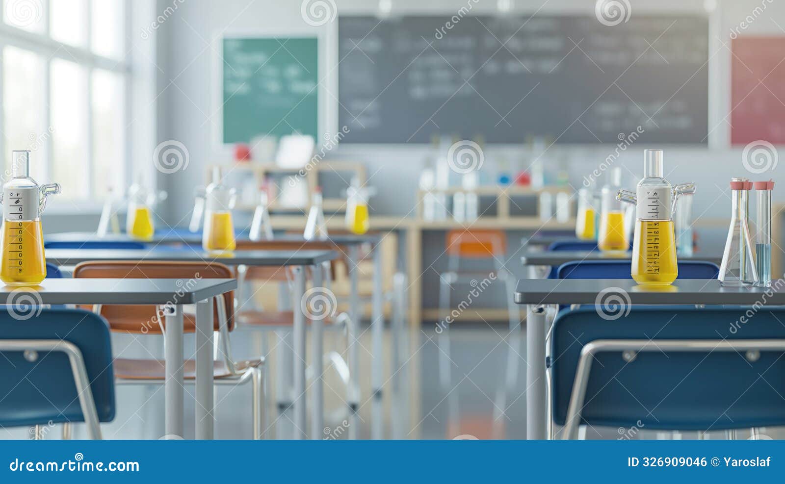 Bright Science Classroom with Chemistry Equipment on Desks in a School ...