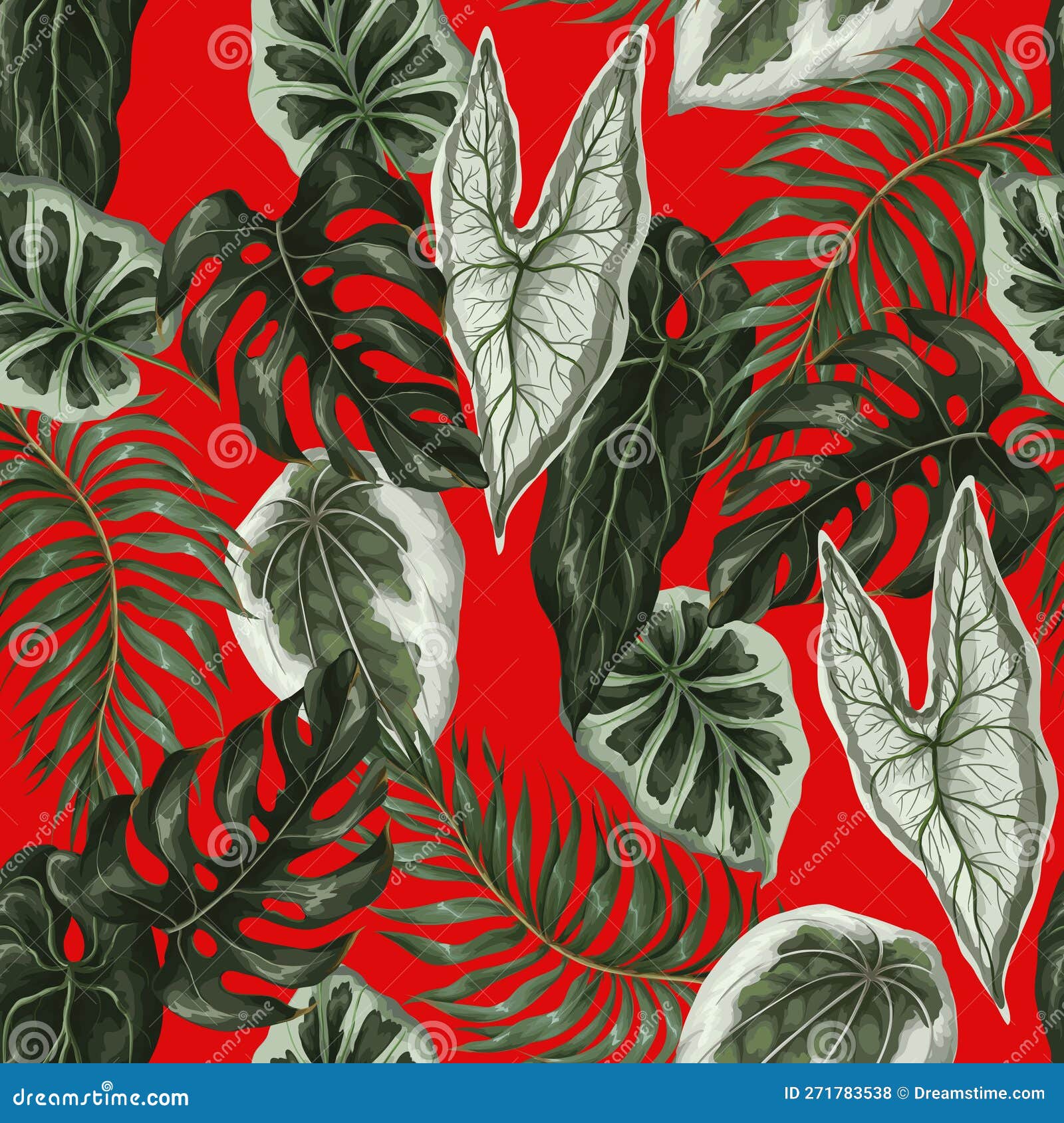 Vivid Seamless Pattern With Tropical Leaves On The Red Background