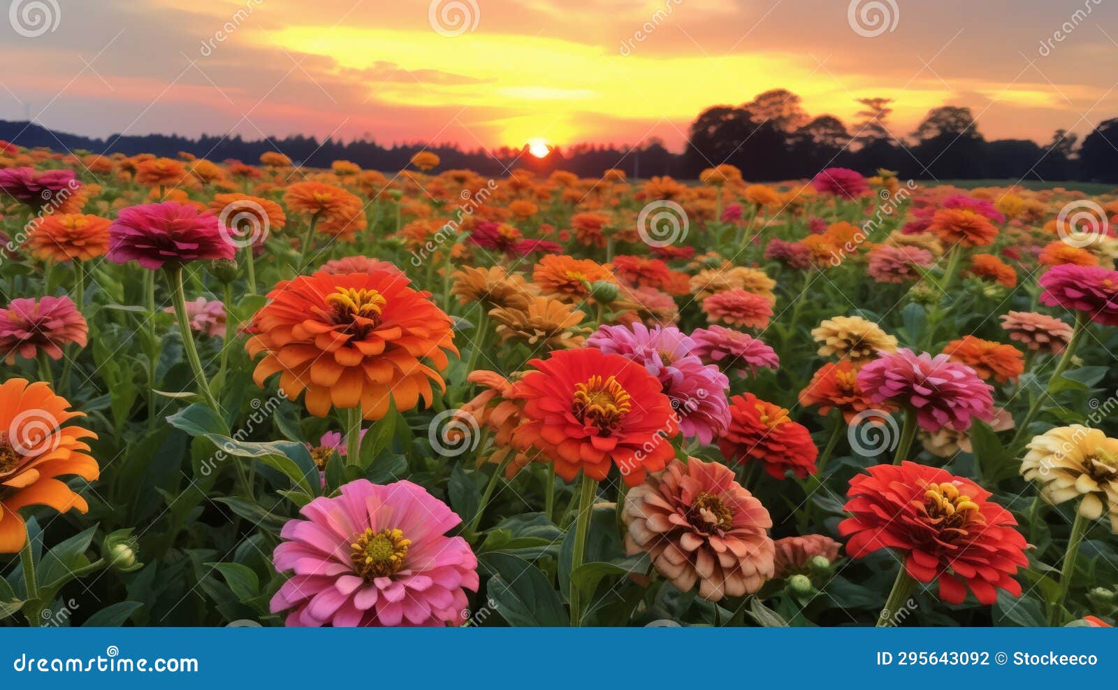 Vivid Sunset Over Flower Field in Realistic Style Stock Illustration ...
