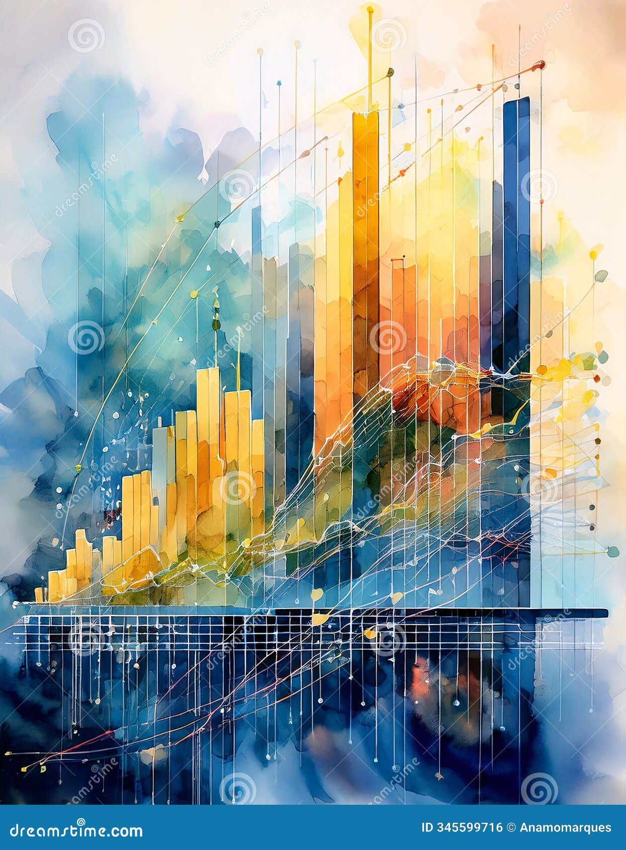 Vivid Watercolor of 3D Graph with Rising Bars and Data Points on a ...