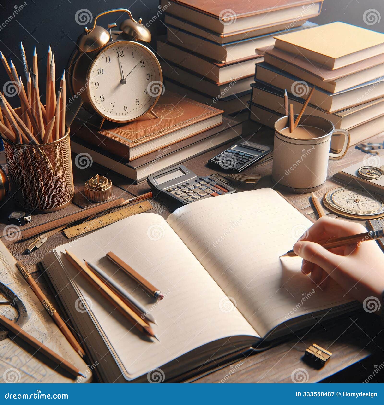 Vivid Workspace with Hand Writing in Notebook Surrounded by Books and ...