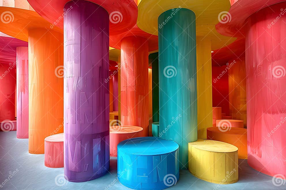 Vibrant Multicolor Abstract Interior with Large Structural Columns ...