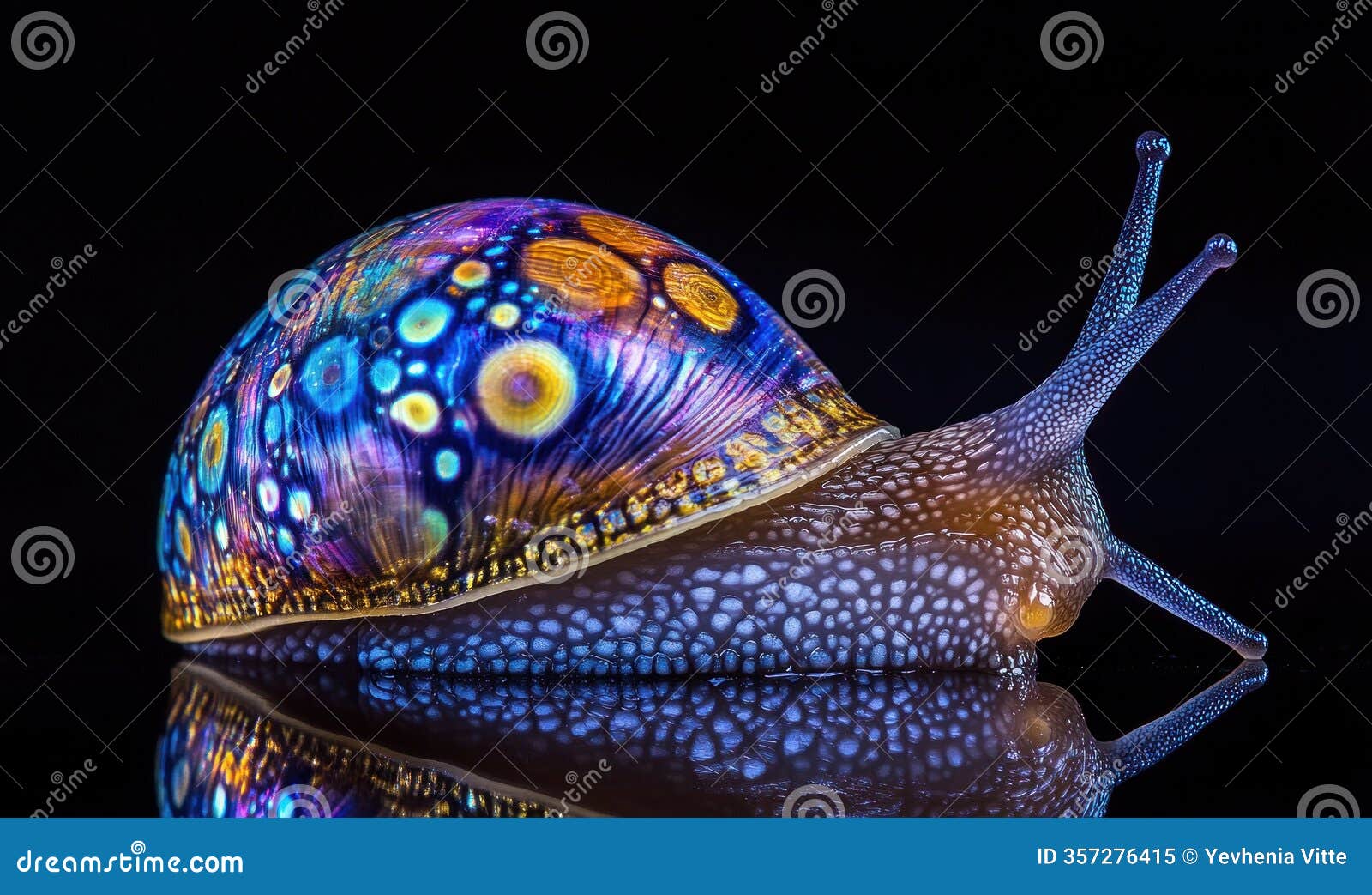 Vividly Colored Snail with Illuminated Shell on Black Background Stock ...