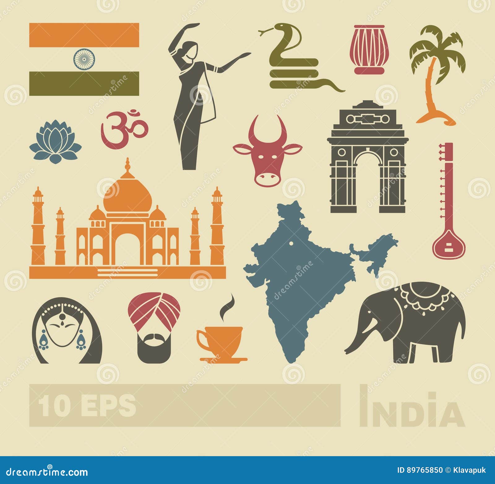 Vlakke Pictogrammen Van India Vector Illustratie - Illustration of ...