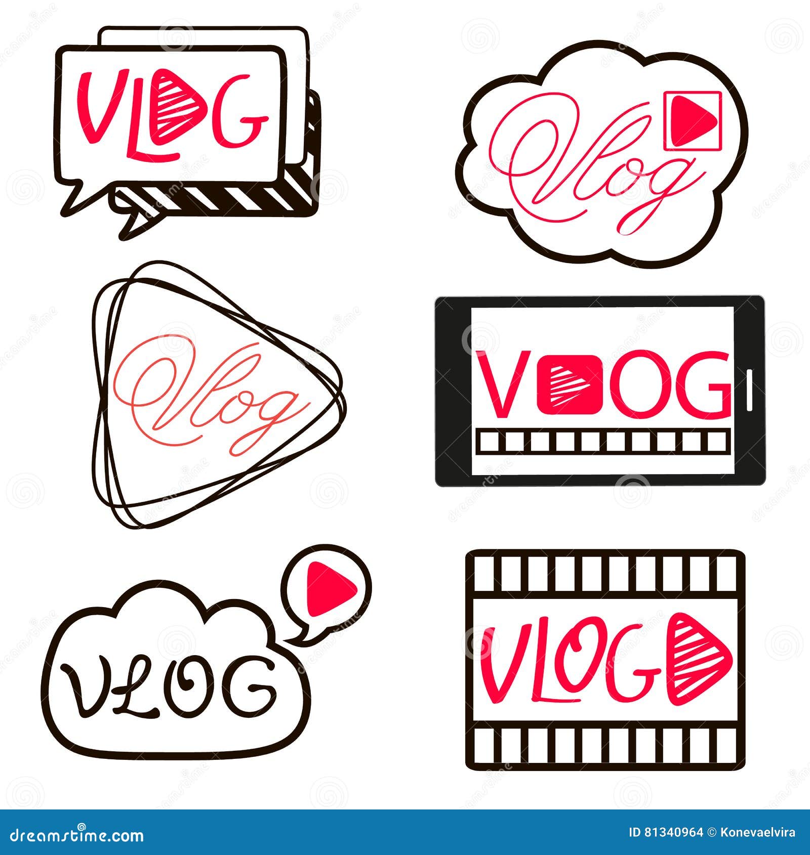 Vlog or Video Blogging Video Channel Buttons Set. Vector Illustration ...