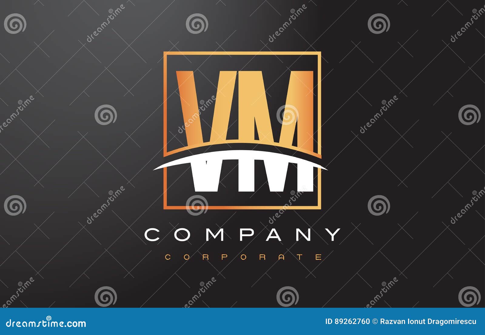 VM V M Golden Letter Logo Design with Gold Square and Swoosh. Stock ...