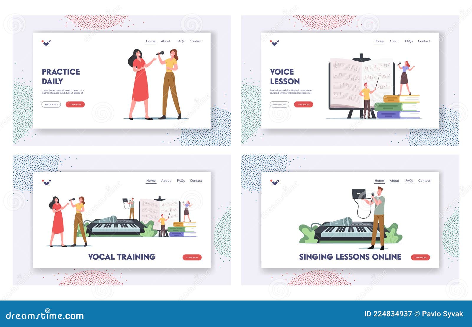 Vocal Training Landing Page Template Set. Characters Take Musical ...