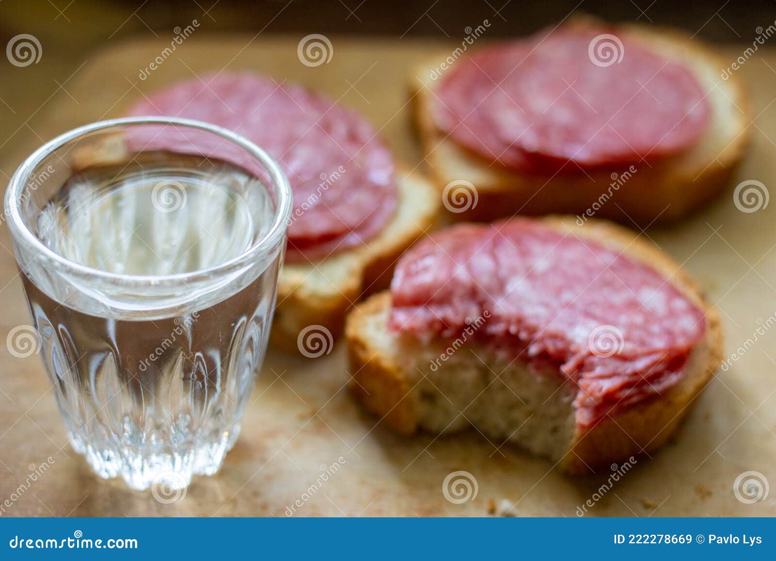 Vodka and Bread with Sausage Rustic Style Stock Image - Image of rustic ...