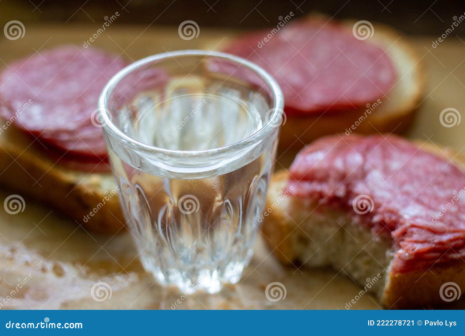 Vodka and Bread with Sausage Rustic Style Stock Image - Image of white ...