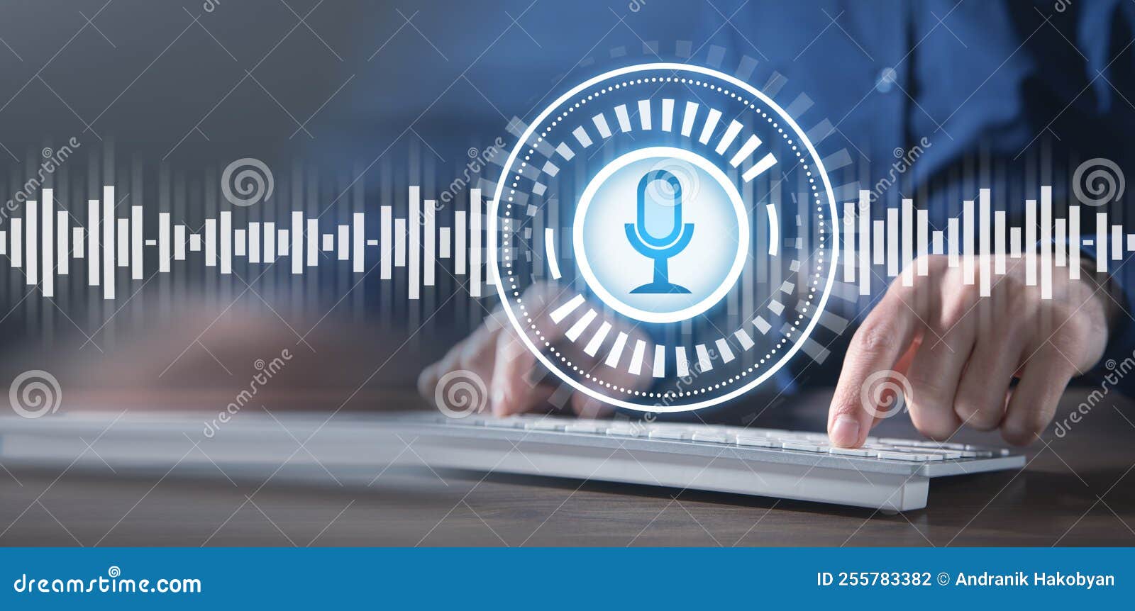 Voice Assistant Concept with a Male Hands Typing in Keyboard Stock ...