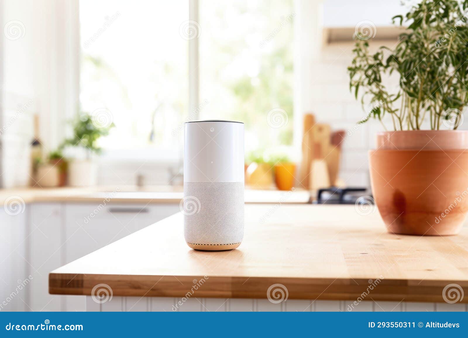 A Voice Assistant Device in a Bright, Modern Kitchen Stock Illustration ...