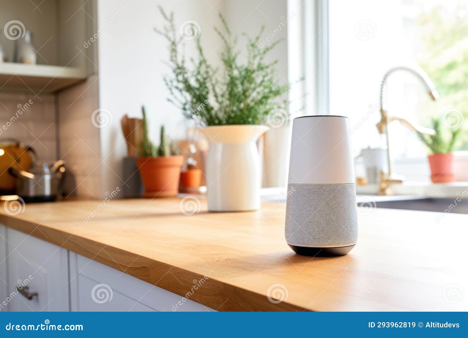A Voice Assistant Device in a Bright, Modern Kitchen Stock Image ...