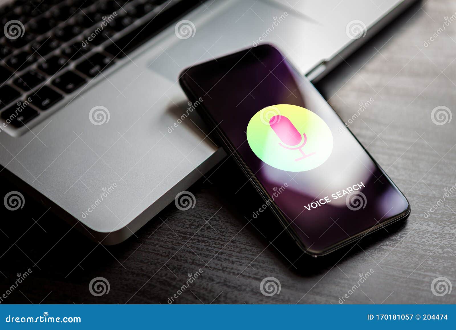 Voice Search Technology Concept. Close-up Siri Sound Recognition System ...