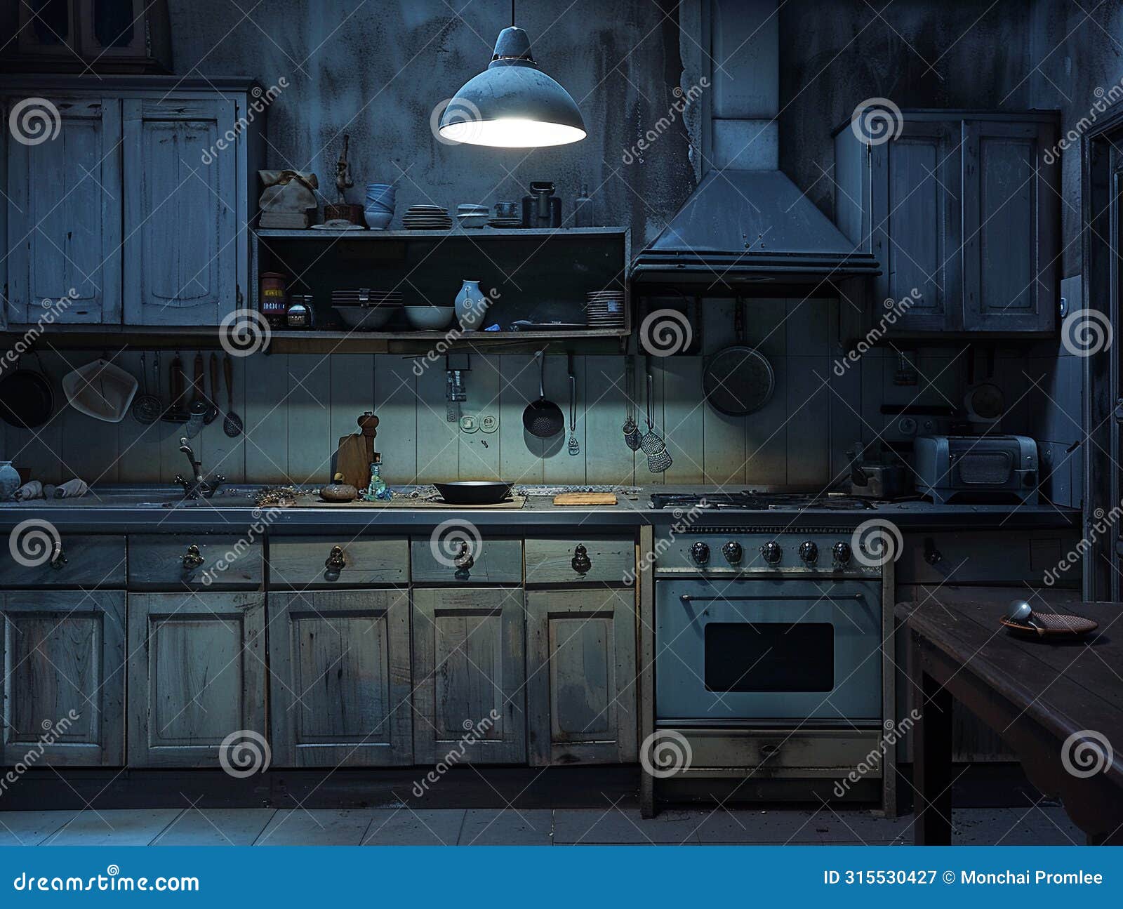 Void Kitchen Cabinets, Starkly Open, Nocturnal Light, Close Frontal ...