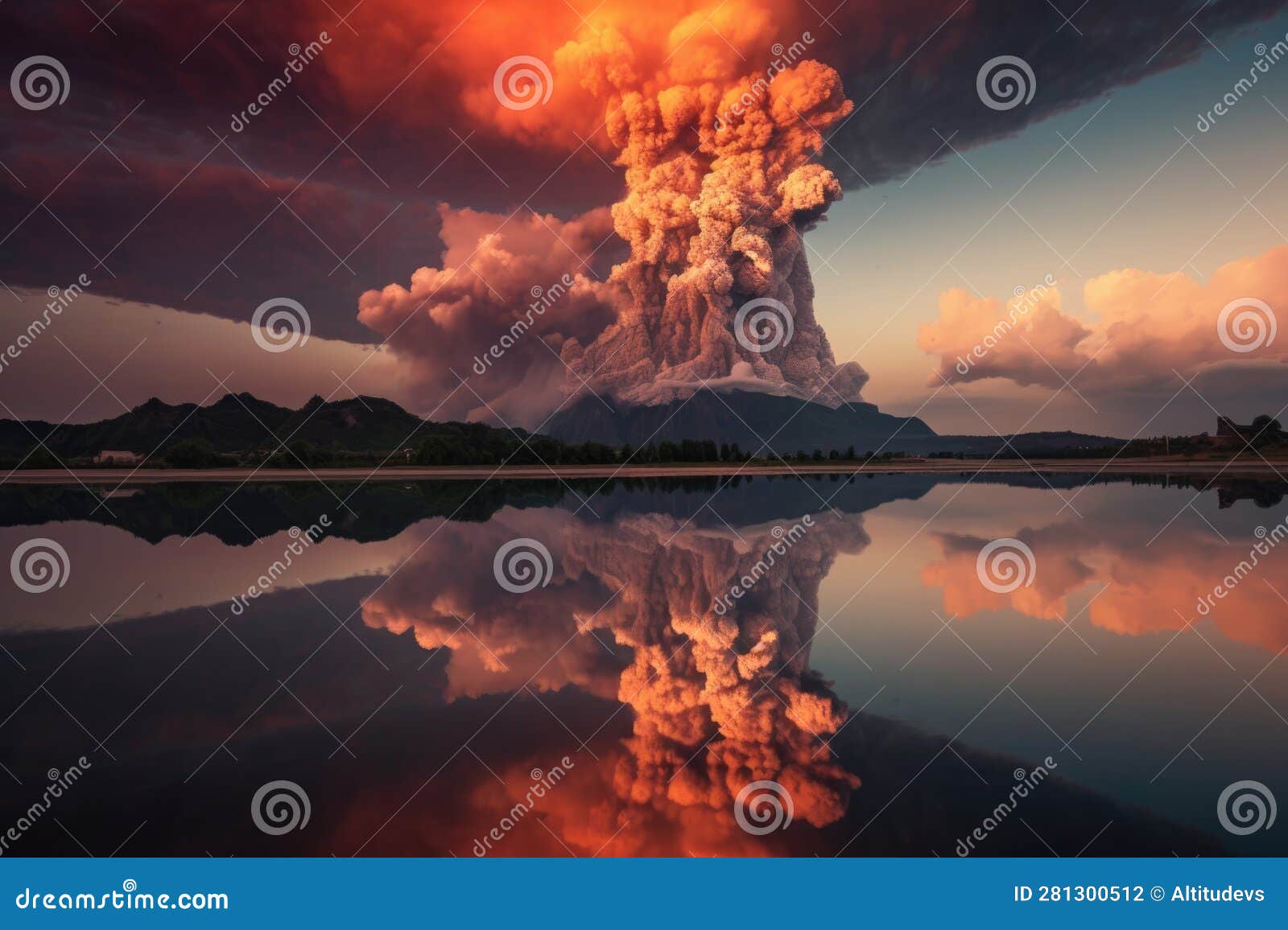 Volcanic Eruption with Ash Cloud Reflecting Sunset Stock Illustration ...