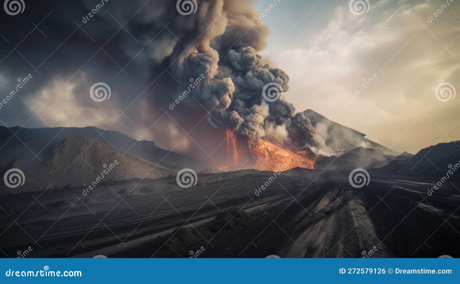 Volcanic Eruption with Ash Ejection into the Air and Lava Flows Stock ...