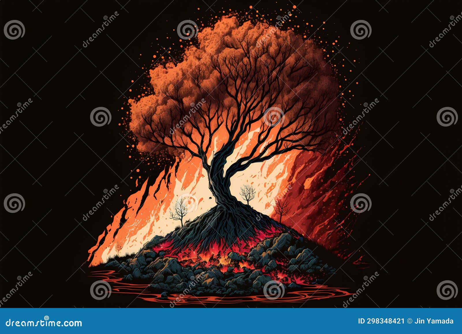 Volcanic Eruption. Big Tree in the Forest Stock Illustration ...