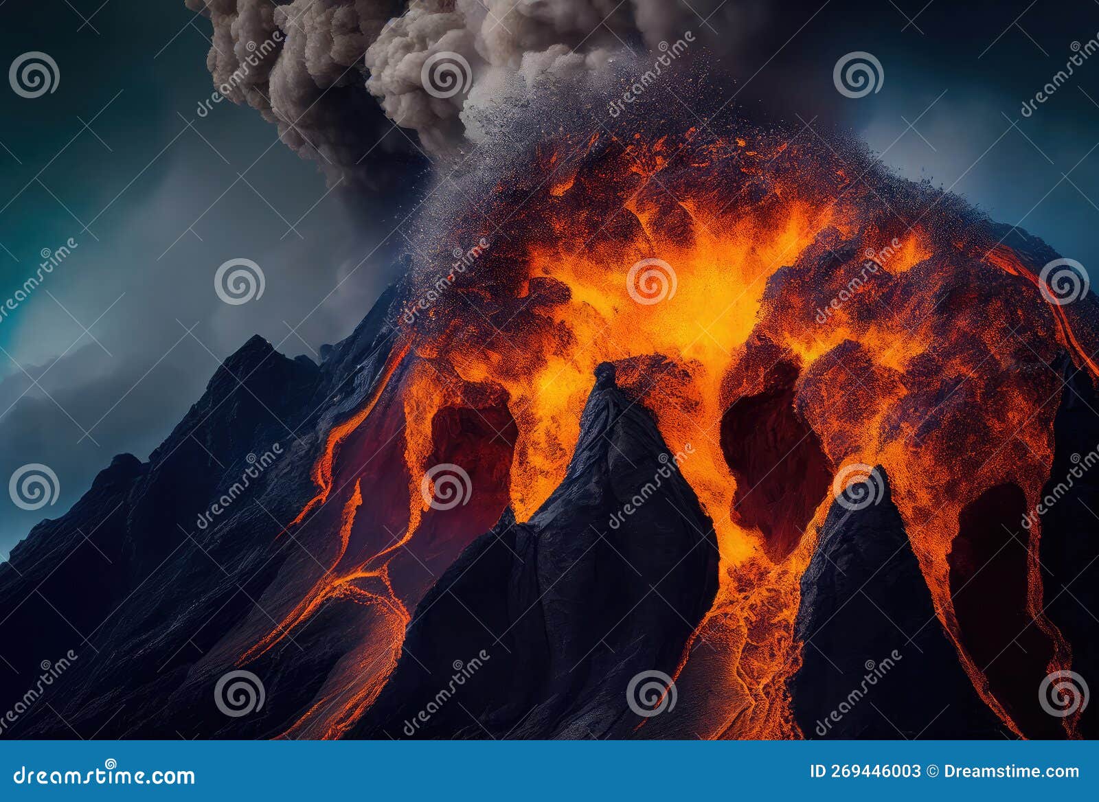 Volcanic Eruption, Column of Smoke and Ash, Hot Lava Flowing Down the ...