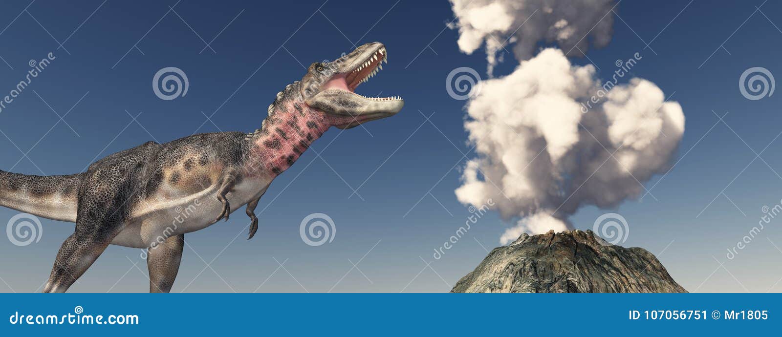 Volcanic Eruption and the Dinosaur Tarbosaurus Stock Illustration ...