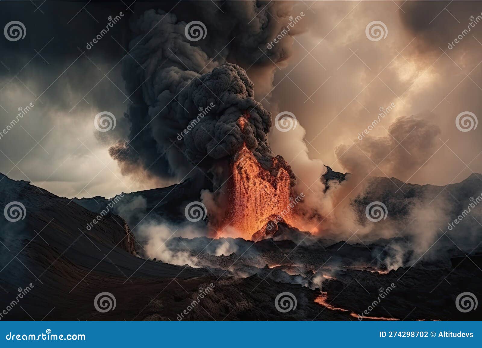 Volcanic Eruption with Dramatic Lava Flow and Billowing Clouds of Smoke ...